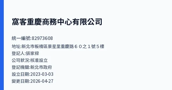 窩客重慶商務中心有限公司的照片-統編 82973608(新北市) 公司登記資料與營業項目詳細圖表