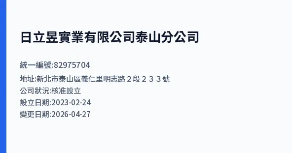 日立昱實業有限公司泰山分公司的照片-統編 82975704(新北市) 公司登記資料與營業項目詳細圖表