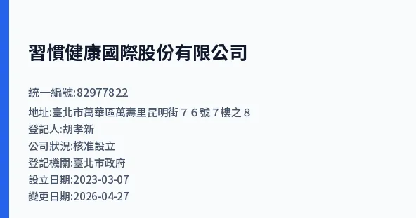 習慣健康國際股份有限公司的照片-統編 82977822(臺北市) 公司登記資料與營業項目詳細圖表