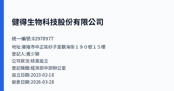 健得生物科技股份有限公司的照片-統編 82978977(基隆市) 公司登記資料與營業項目詳細圖表