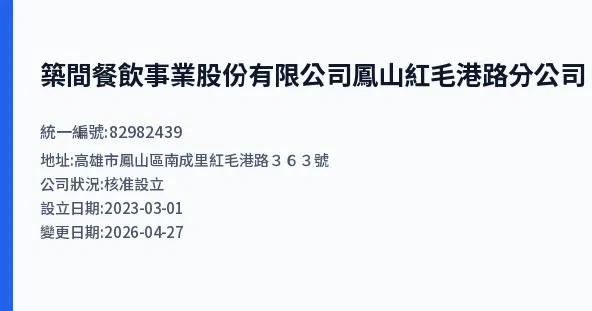 築間餐飲事業股份有限公司鳳山紅毛港路分公司的照片-統編 82982439(高雄市) 公司登記資料與營業項目詳細圖表