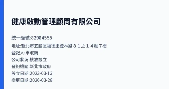 健康啟動管理顧問有限公司的照片-統編 82984555(新北市) 公司登記資料與營業項目詳細圖表