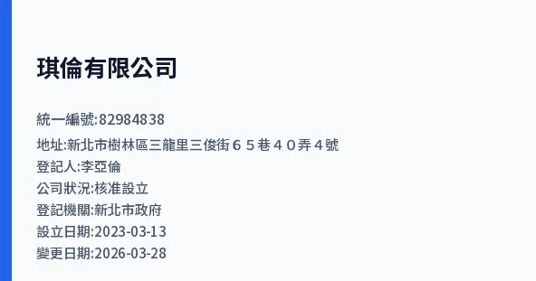 琪倫有限公司的照片-統編 82984838(新北市) 公司登記資料與營業項目詳細圖表