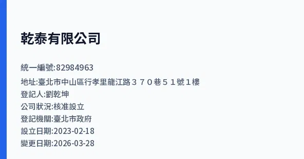 乾泰有限公司的照片-統編 82984963(臺北市) 公司登記資料與營業項目詳細圖表