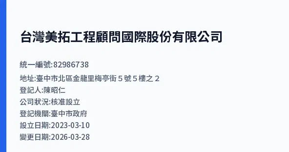 台灣美拓工程顧問國際股份有限公司的照片-統編 82986738(臺中市) 公司登記資料與營業項目詳細圖表