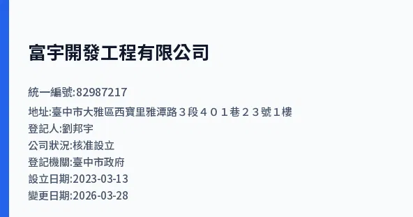 富宇開發工程有限公司的照片-統編 82987217(臺中市) 公司登記資料與營業項目詳細圖表