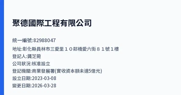 聚德國際工程有限公司的照片-統編 82988047(彰化縣) 公司登記資料與營業項目詳細圖表