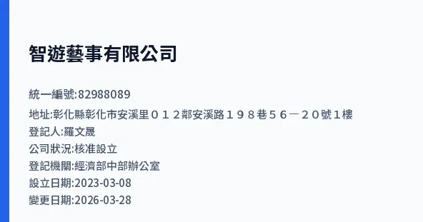 智遊藝事有限公司的照片-統編 82988089(彰化縣) 公司登記資料與營業項目詳細圖表
