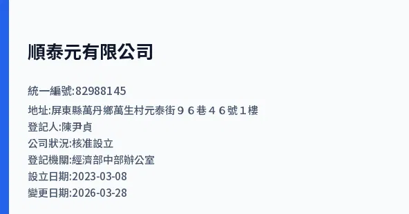 順泰元有限公司的照片-統編 82988145(屏東縣) 公司登記資料與營業項目詳細圖表