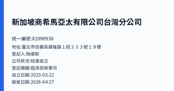 新加坡商希馬亞太有限公司台灣分公司的照片-統編 82990938(臺北市) 公司登記資料與營業項目詳細圖表