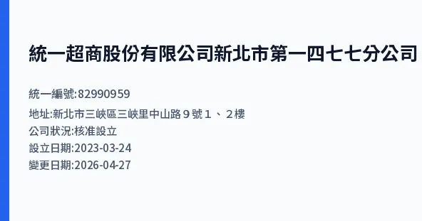 統一超商股份有限公司新北市第一四七七分公司的照片-統編 82990959(新北市) 公司登記資料與營業項目詳細圖表