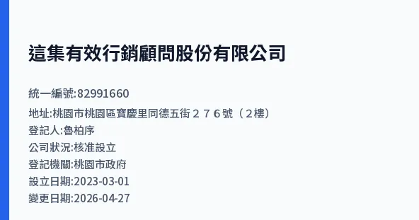 這集有效行銷顧問股份有限公司的照片-統編 82991660(桃園市) 公司登記資料與營業項目詳細圖表