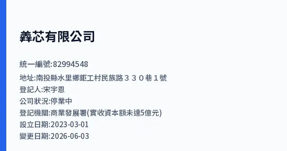 羴芯有限公司的照片-統編 82994548(南投縣) 公司登記資料與營業項目詳細圖表