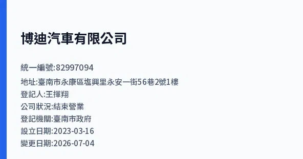 博迪汽車有限公司的照片-統編 82997094(臺南市) 公司登記資料與營業項目詳細圖表