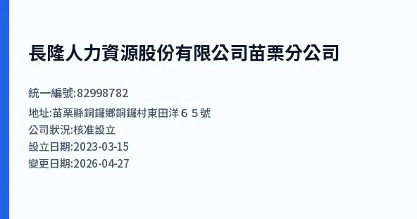 長隆人力資源股份有限公司苗栗分公司的照片-統編 82998782(苗栗縣) 公司登記資料與營業項目詳細圖表