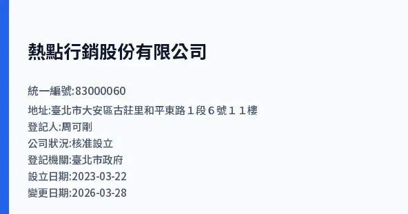 熱點行銷股份有限公司的照片-統編 83000060(臺北市) 公司登記資料與營業項目詳細圖表