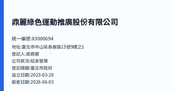 鼎麗綠色運動推廣股份有限公司的照片-統編 83000694(臺北市) 公司登記資料與營業項目詳細圖表