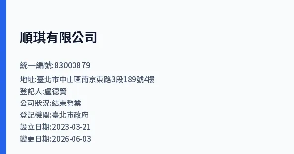 順琪有限公司的照片-統編 83000879(臺北市) 公司登記資料與營業項目詳細圖表