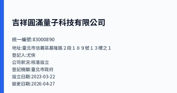 吉祥圓滿量子科技有限公司的照片-統編 83000890(臺北市) 公司登記資料與營業項目詳細圖表