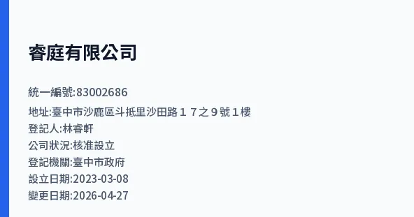 睿庭有限公司的照片-統編 83002686(臺中市) 公司登記資料與營業項目詳細圖表