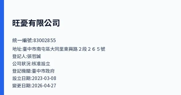 旺憂有限公司的照片-統編 83002855(臺中市) 公司登記資料與營業項目詳細圖表