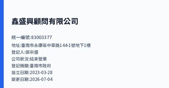 鑫盛興顧問有限公司的照片-統編 83003377(臺南市) 公司登記資料與營業項目詳細圖表