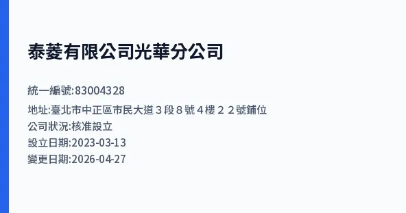 泰菱有限公司光華分公司的照片-統編 83004328(臺北市) 公司登記資料與營業項目詳細圖表
