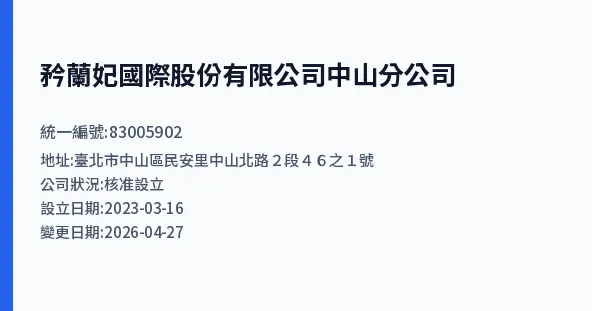 矜蘭妃國際股份有限公司中山分公司的照片-統編 83005902(臺北市) 公司登記資料與營業項目詳細圖表