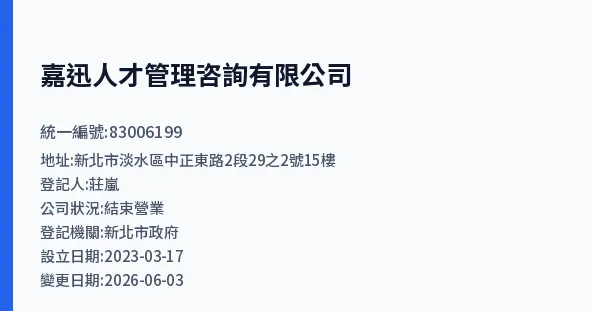 嘉迅人才管理咨詢有限公司的照片-統編 83006199(新北市) 公司登記資料與營業項目詳細圖表