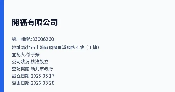 開福有限公司的照片-統編 83006260(新北市) 公司登記資料與營業項目詳細圖表