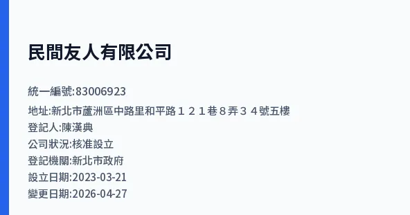 民間友人有限公司的照片-統編 83006923(新北市) 公司登記資料與營業項目詳細圖表