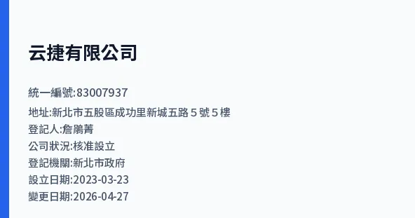 云捷有限公司的照片-統編 83007937(新北市) 公司登記資料與營業項目詳細圖表