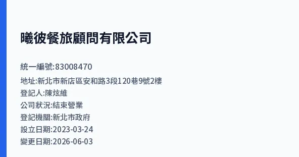 曦彼餐旅顧問有限公司的照片-統編 83008470(新北市) 公司登記資料與營業項目詳細圖表