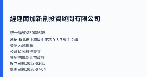 經連南加新創投資顧問有限公司的照片-統編 83008605(新北市) 公司登記資料與營業項目詳細圖表