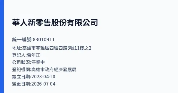 華人新零售股份有限公司的照片-統編 83010911(高雄市) 公司登記資料與營業項目詳細圖表