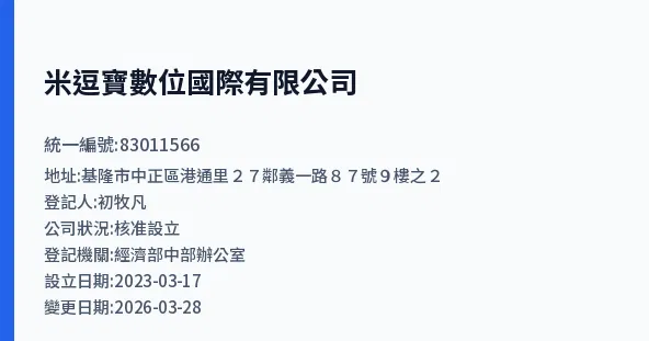 米逗寶數位國際有限公司的照片-統編 83011566(基隆市) 公司登記資料與營業項目詳細圖表