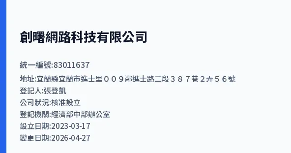 創曙網路科技有限公司的照片-統編 83011637(宜蘭縣) 公司登記資料與營業項目詳細圖表