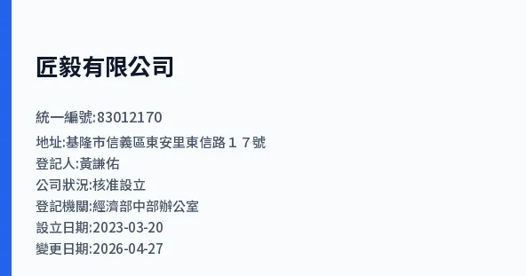 匠毅有限公司的照片-統編 83012170(基隆市) 公司登記資料與營業項目詳細圖表