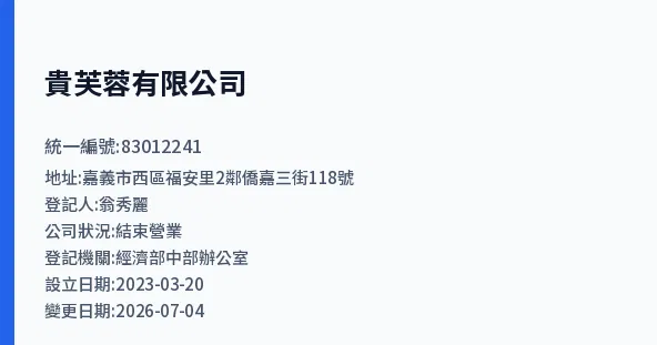 貴芙蓉有限公司的照片-統編 83012241(嘉義市) 公司登記資料與營業項目詳細圖表