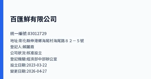 百匯鮮有限公司的照片-統編 83012729(彰化縣) 公司登記資料與營業項目詳細圖表