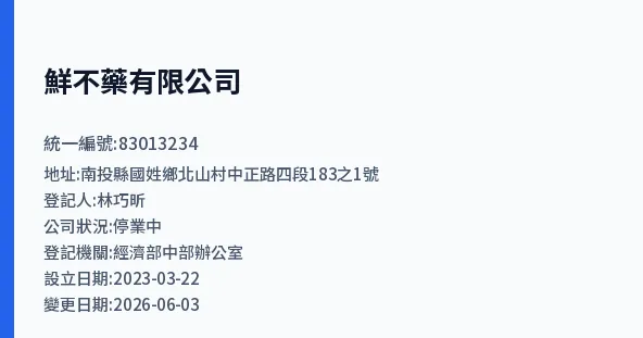 鮮不藥有限公司的照片-統編 83013234(南投縣) 公司登記資料與營業項目詳細圖表