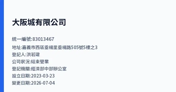大阪城有限公司的照片-統編 83013467(嘉義市) 公司登記資料與營業項目詳細圖表