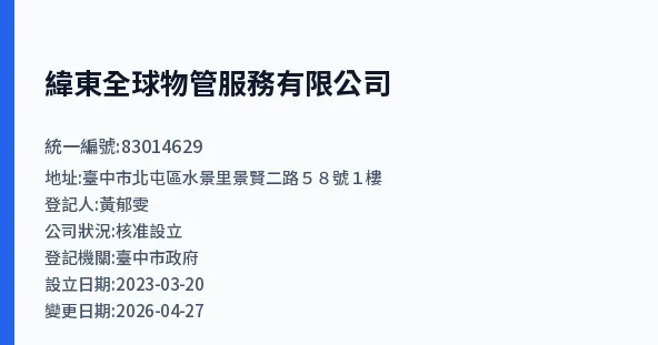 緯東全球物管服務有限公司的照片-統編 83014629(臺中市) 公司登記資料與營業項目詳細圖表