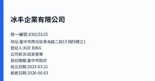 冰丰企業有限公司的照片-統編 83015325(臺中市) 公司登記資料與營業項目詳細圖表