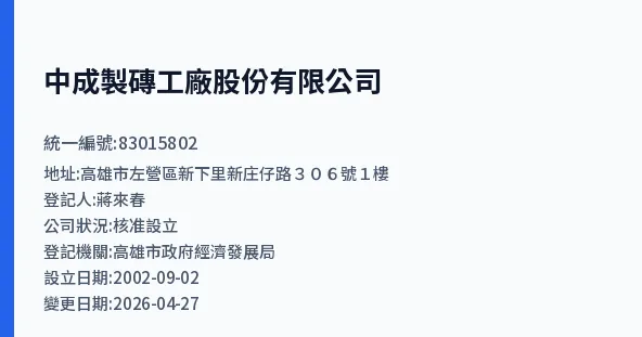 中成製磚工廠股份有限公司的照片-統編 83015802(高雄市) 公司登記資料與營業項目詳細圖表