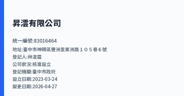 昇澐有限公司的照片-統編 83016464(臺中市) 公司登記資料與營業項目詳細圖表