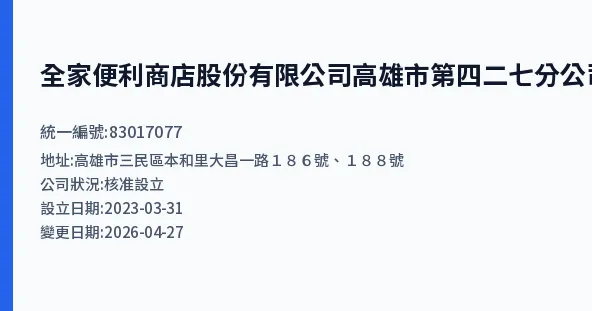 全家便利商店股份有限公司高雄市第四二七分公司的照片-統編 83017077(高雄市) 公司登記資料與營業項目詳細圖表