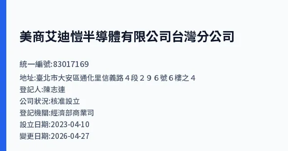 美商艾迪愷半導體有限公司台灣分公司的照片-統編 83017169(臺北市) 公司登記資料與營業項目詳細圖表