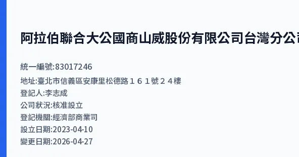 阿拉伯聯合大公國商山威股份有限公司台灣分公司的照片-統編 83017246(臺北市) 公司登記資料與營業項目詳細圖表