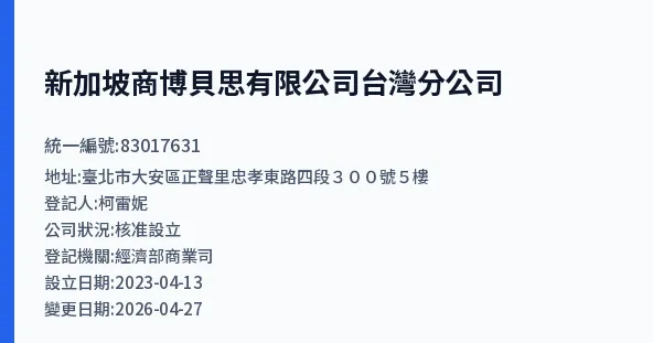 新加坡商博貝思有限公司台灣分公司的照片-統編 83017631(臺北市) 公司登記資料與營業項目詳細圖表